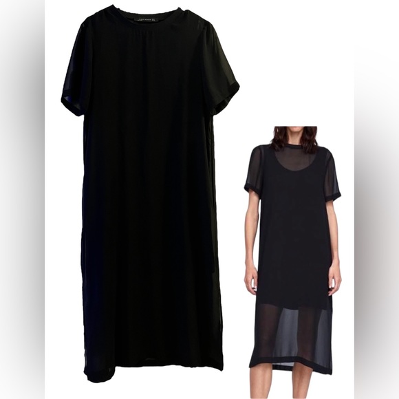 Zara | Dresses | Zara Woman Black Maxi Translucent Chiffon Dress Large ...